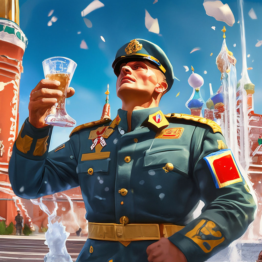"A Soviet paratrooper brings a faceted glass of vodka to his mouth and ...