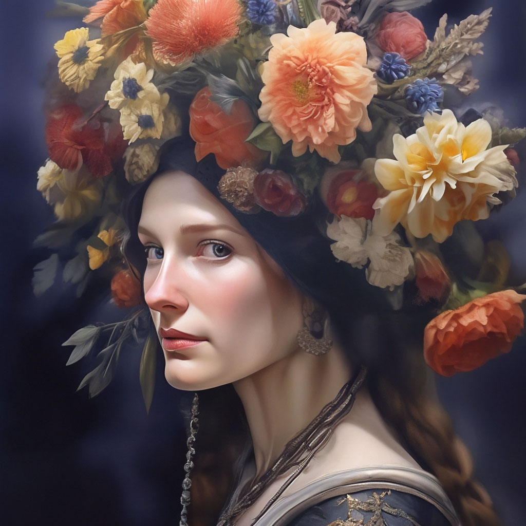 "Portrait of a Saxon lady flowers dark background Detailed drawing ...