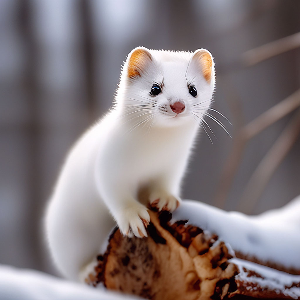 "A cute white ermine leaned its paw on a log in winter" — image created ...