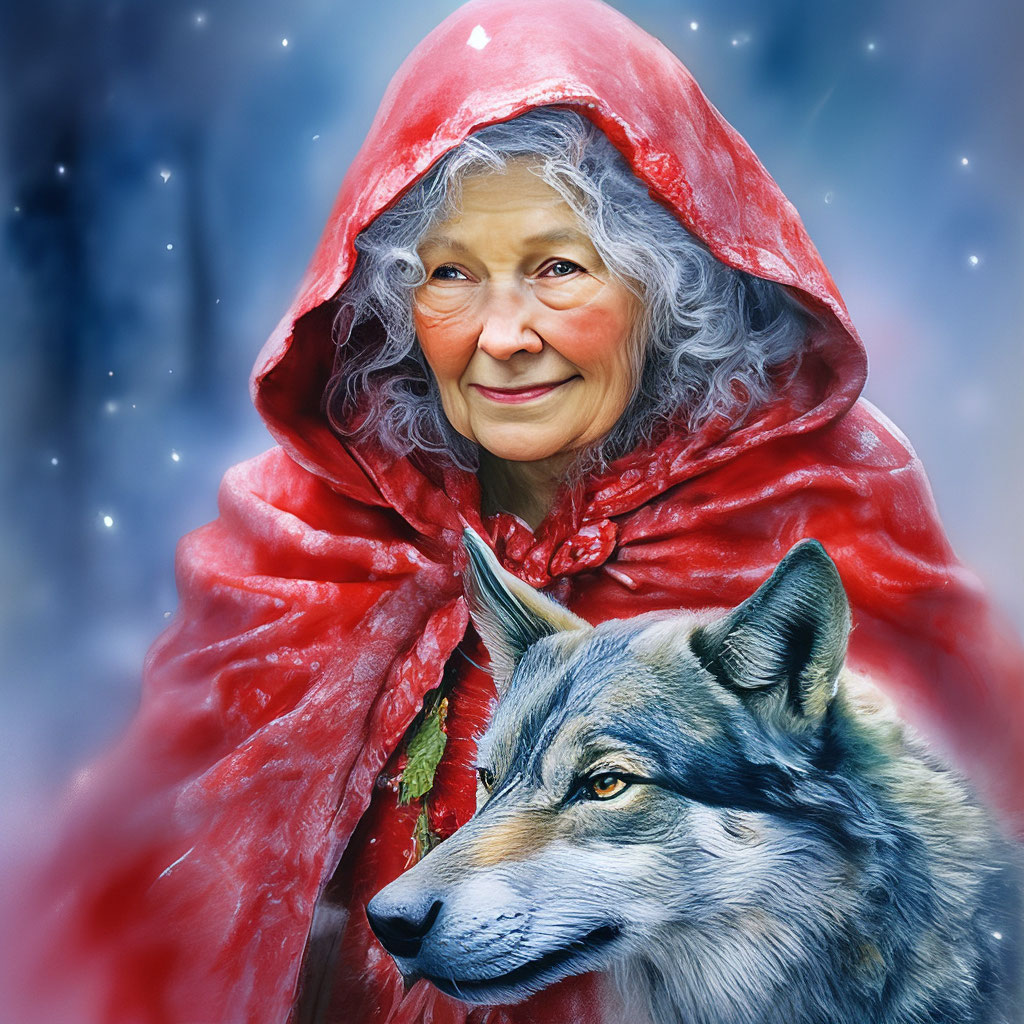 "Granny in a red riding hood and a wolf.Watercolor, drawing ...