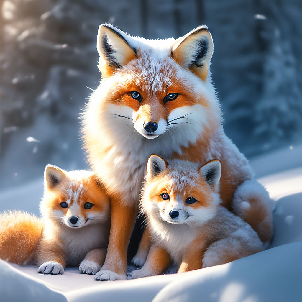 "Cute detailed mama fox and fluffy fox cubs with big eyes are sitting ...