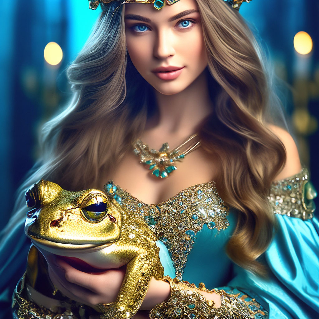"Frog princess, gorgeous, beautiful woman, crown of precious stones ...