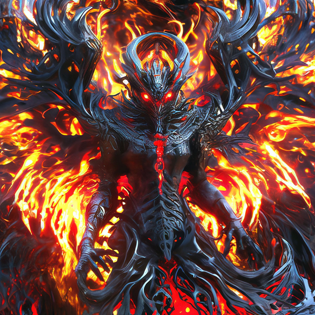 "Volumetric fractal fire demon filigree iridescent, black and red eyes ...