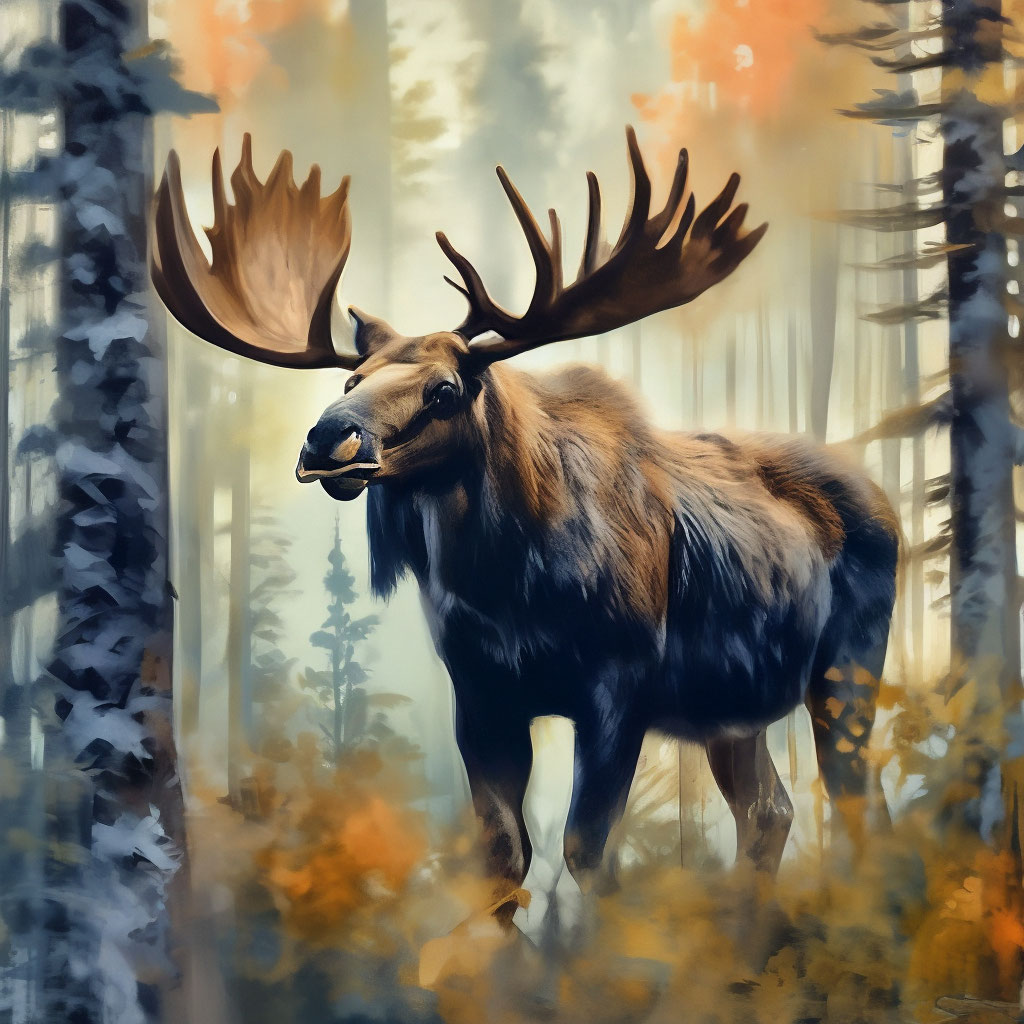 "Moose in the forest, vintage art, drawing, photorealism, texture, cozy ...