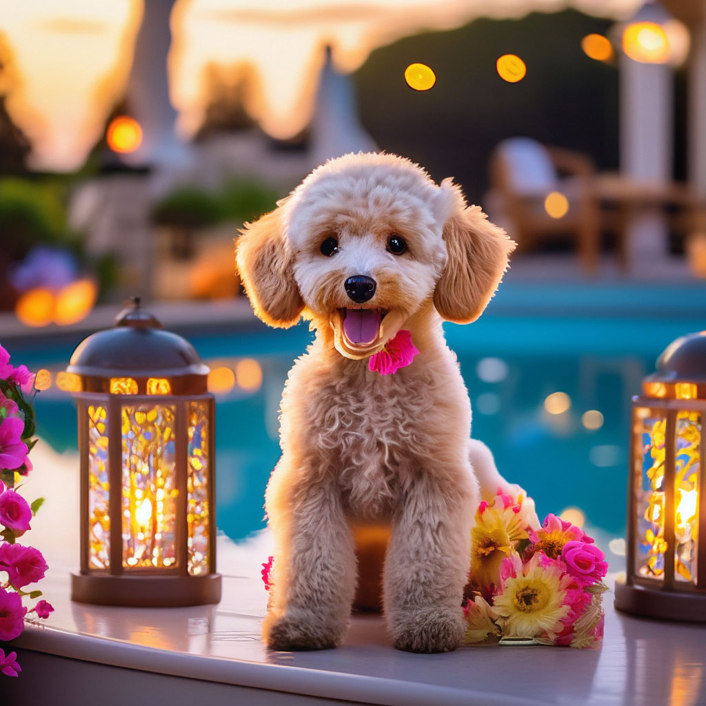 "A beautiful joyful beige poodle puppy is sitting by the outdoor pool ...