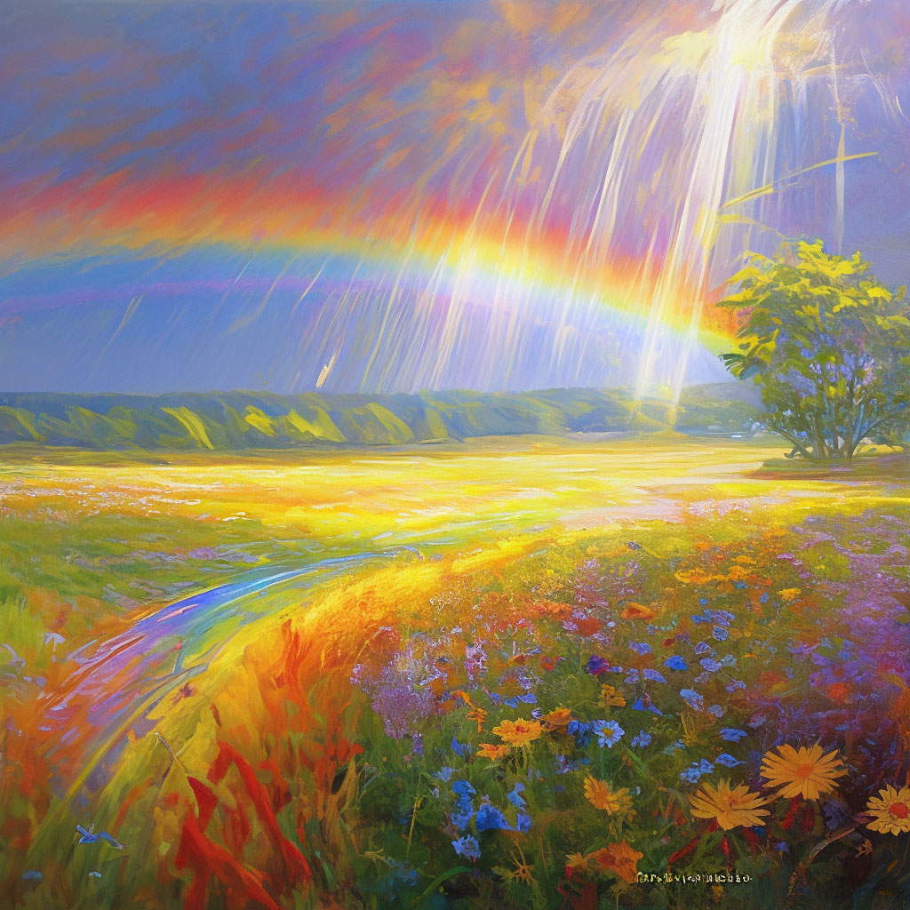 "Rainbow in the field oil painting,drawing,photorealism,grunge, glare ...