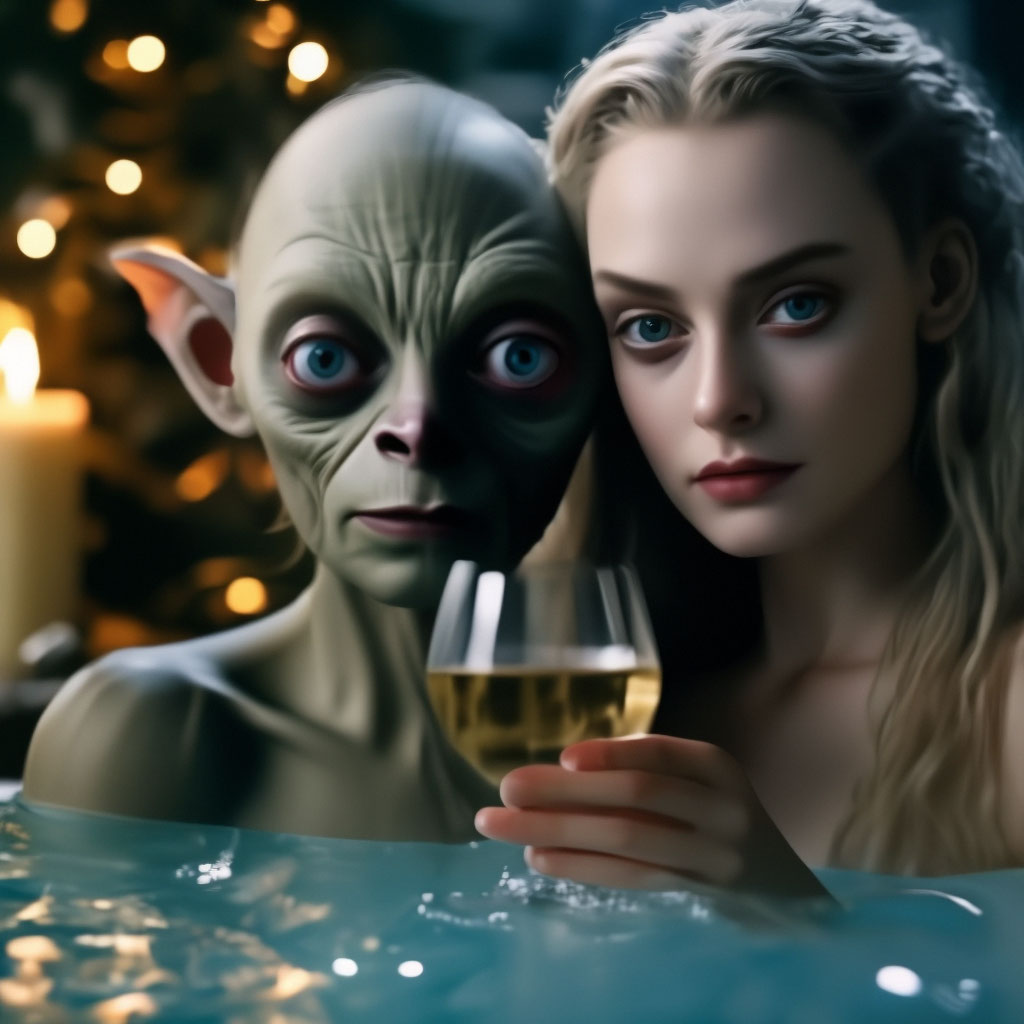 "Gollum and elf Galadriel relax in the Jacuzzi under the Christmas tree ...