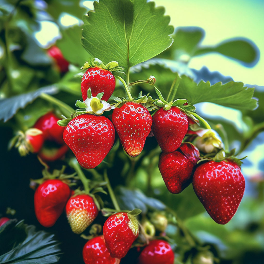 "Bushes of ripe strawberries , red like real,beautiful ,delicious ...