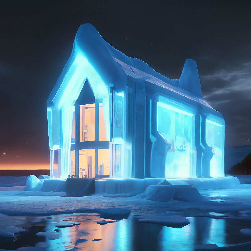 "White neon glowing Ice House, …" — image created in Shedevrum