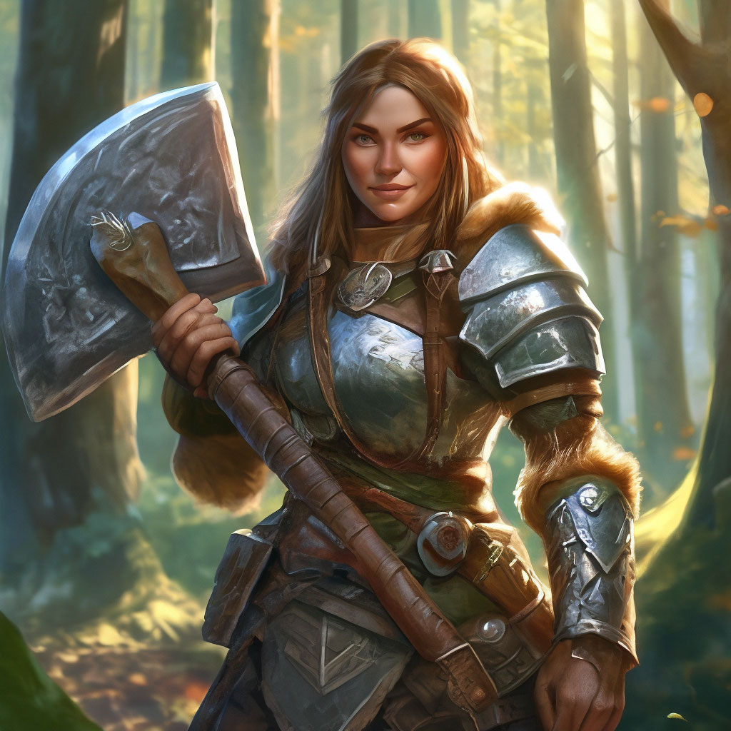 "A female dwarf in armor with an axe in her hands in the forest ...