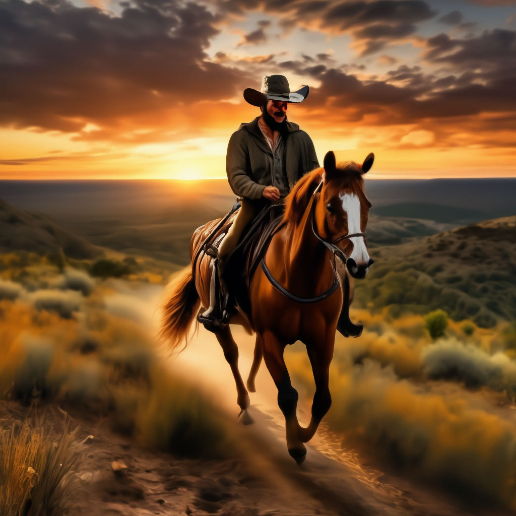 "Vaquero en Texas a caballo con un hermoso paisaje y el amanecer ...