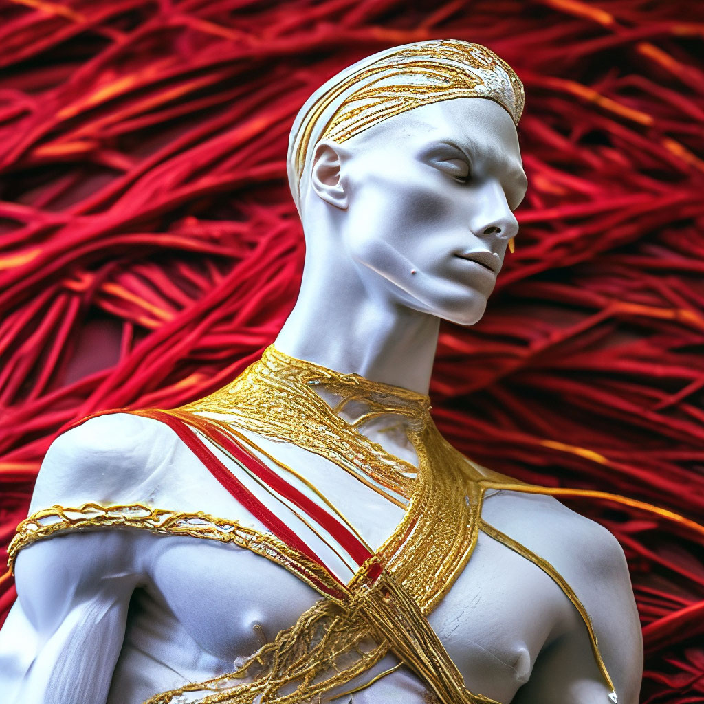 "Porcelain ceramic white slender malemodel, cadmium red background ...