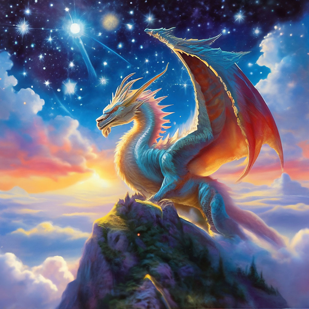 "A magical dragon on top of a mountain…" — image created in Shedevrum