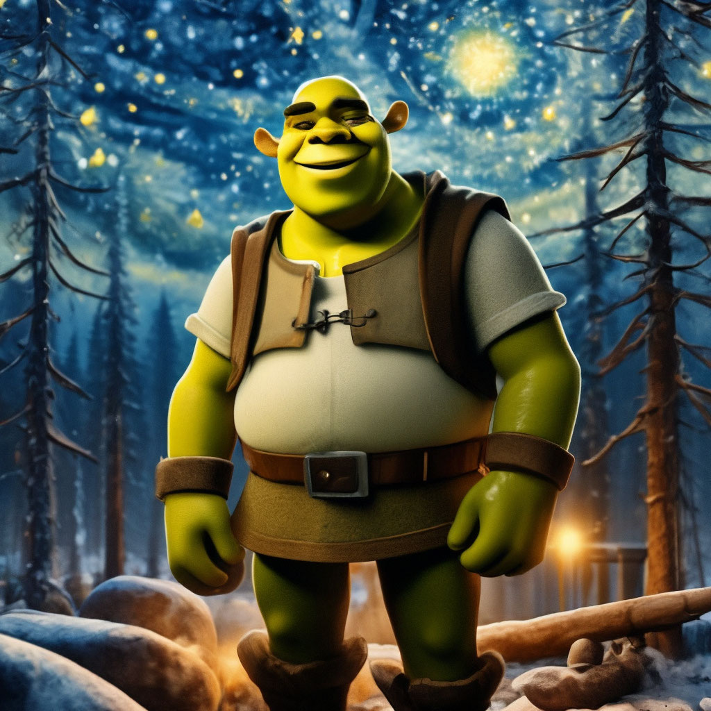"Shrek the woodcutter in the forest …" — image created in Shedevrum