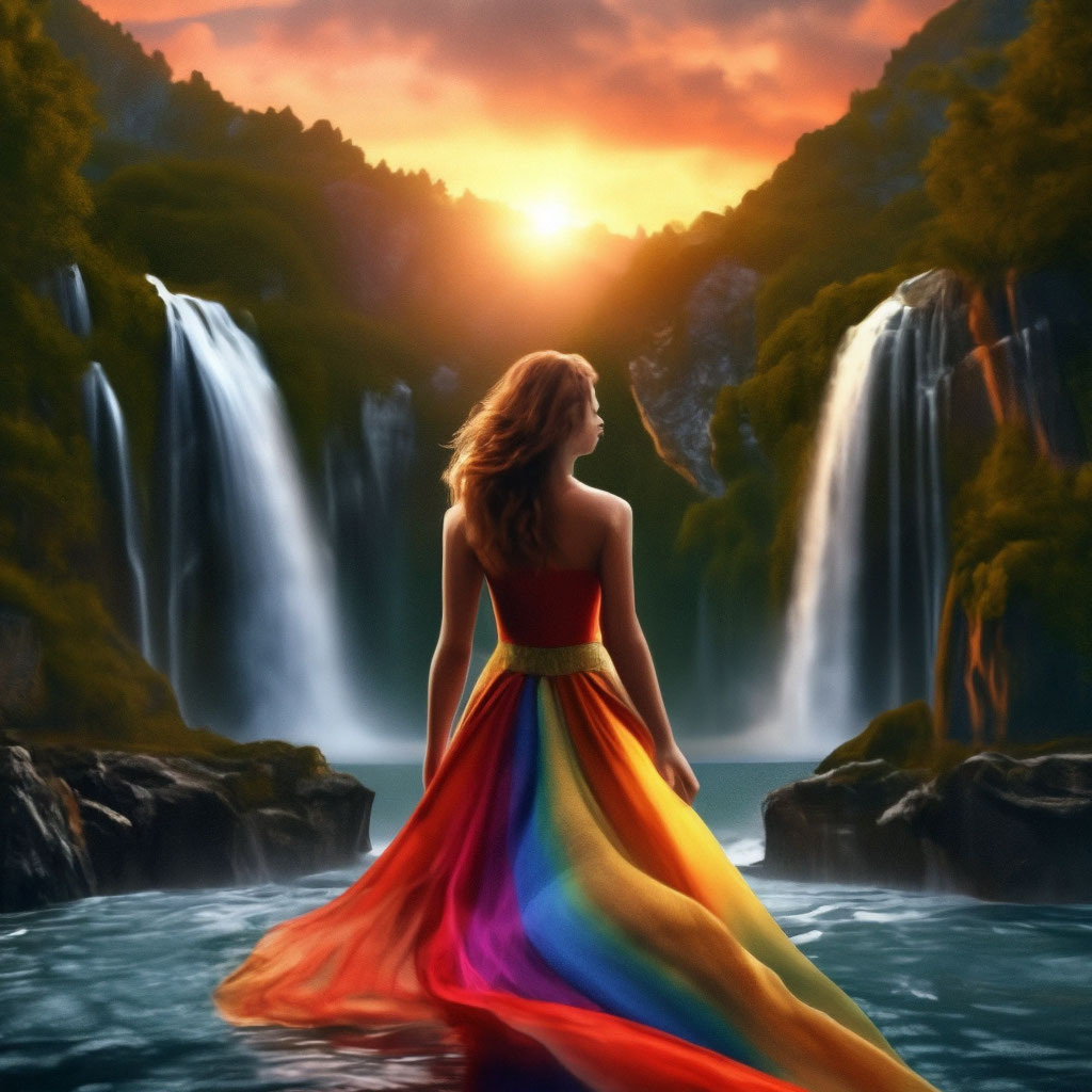 Waterfall At Sunset Woman