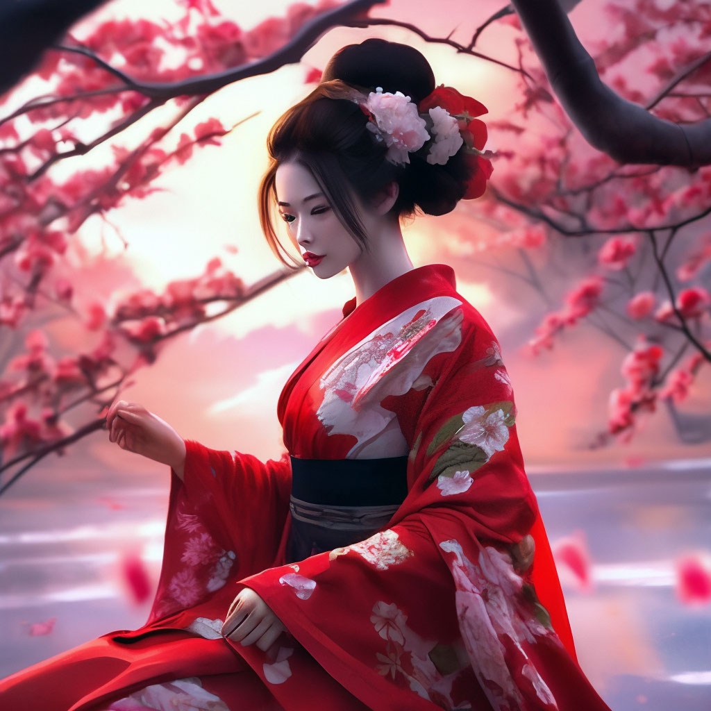 "Geisha,Scarlet dawn,sakura,aesthetics…" — image created in Shedevrum