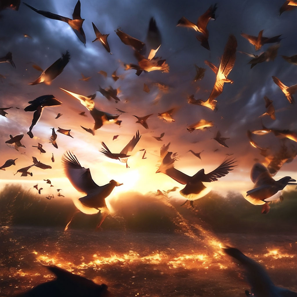 "A flock of wild birds is fighting in …" — image created in Shedevrum