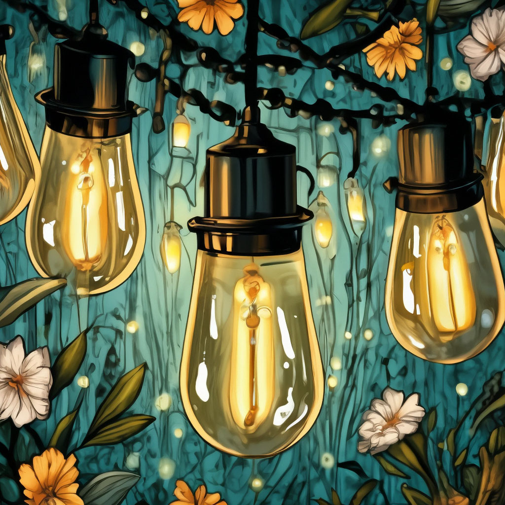 "Garland with light bulbs, engraving+…" — image created in Shedevrum