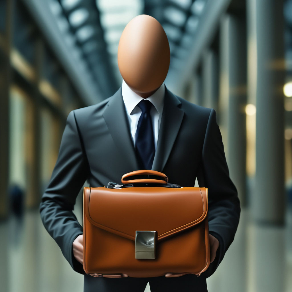 "A very business man with a business briefcase with an egg for a head ...
