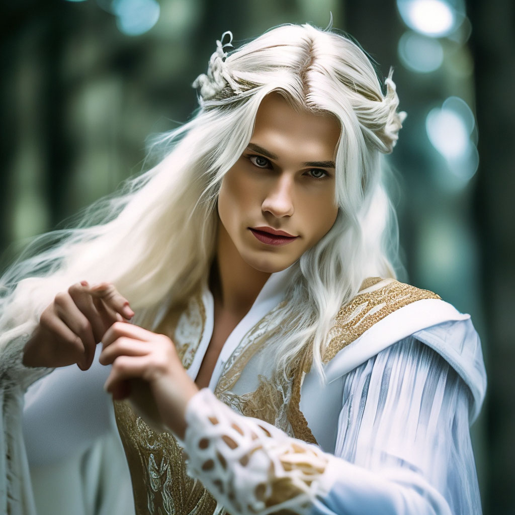 "Handsome male elf 20+ years old with long gorgeous white hair elf ears ...