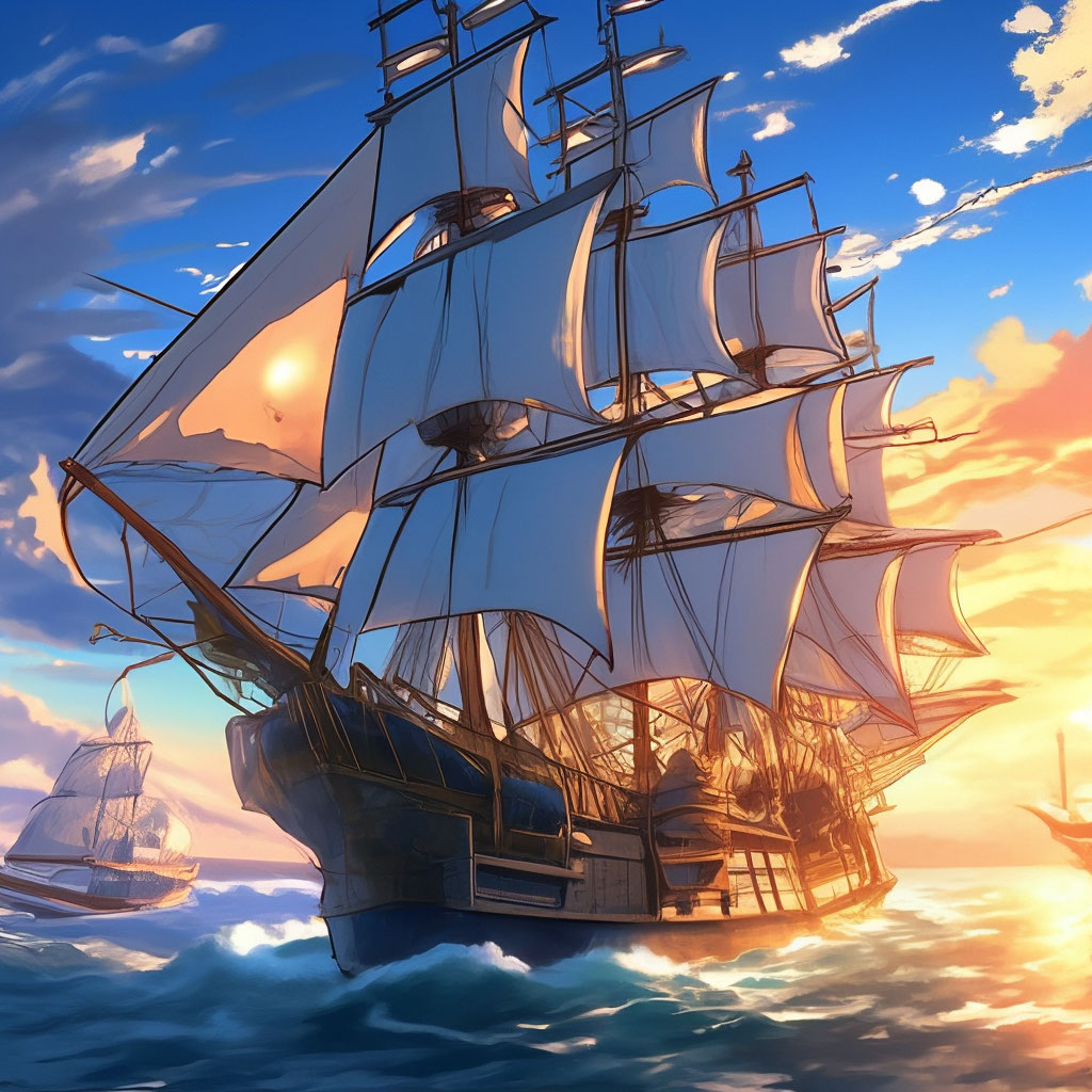 "Sailing ship, anime style" — image created in Shedevrum