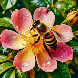 «Watercolor with drawing, bright juicy fluffy bee over a rose hip ...
