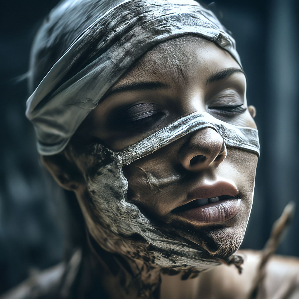 Bandaged head and face with dirty image created in Shedevrum