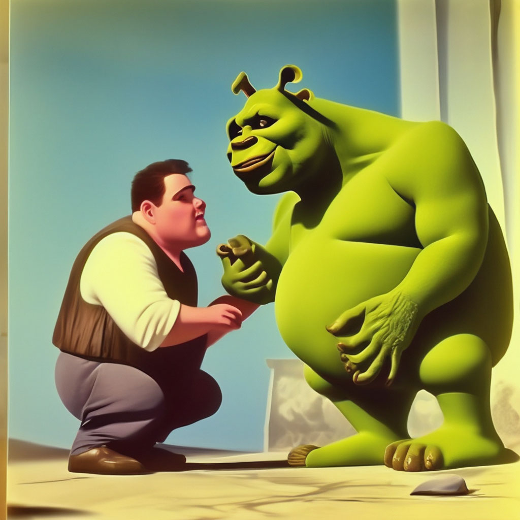 «Жирный шрек нюхает ноги вонючему …» — картинка создана в Шедевруме