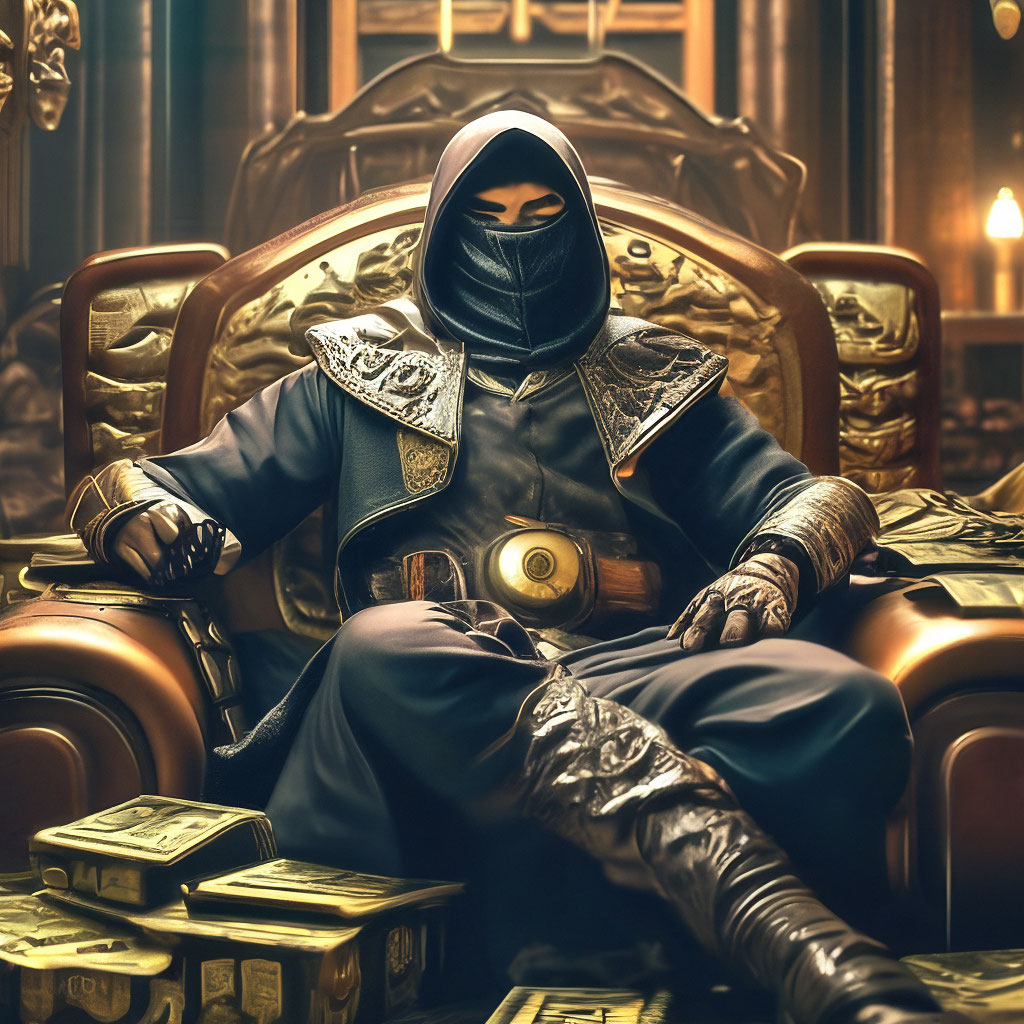 "Rich ninja on a luxury sofa with …" — image created in Shedevrum