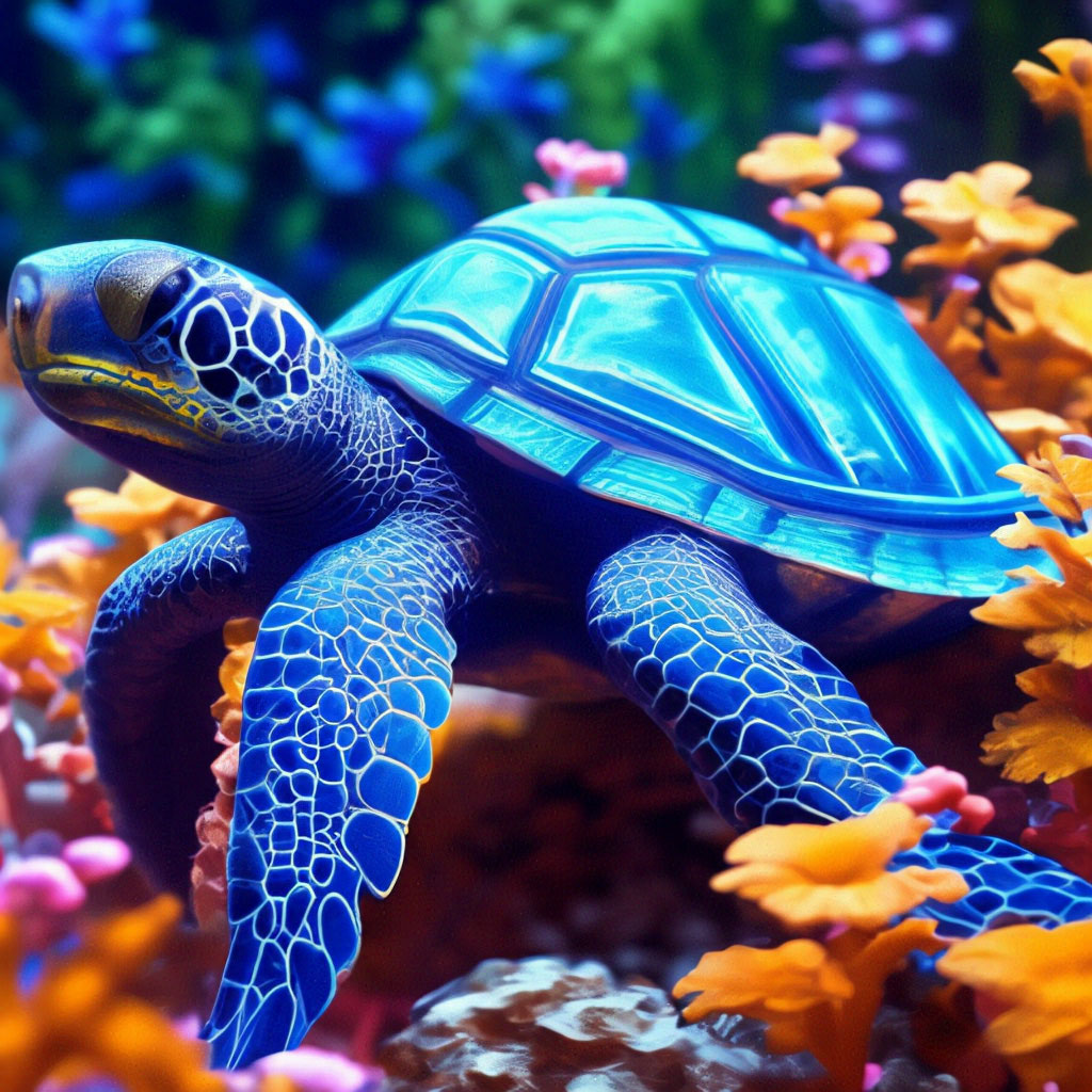 "Blue neon turtle among plants and …" — image created in Shedevrum