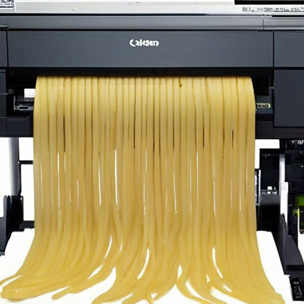 «Принтер печатает макароны» — картинка создана в Шедевруме