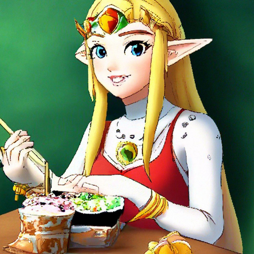 "Princess Zelda from the game eats sushi" — image created in Shedevrum