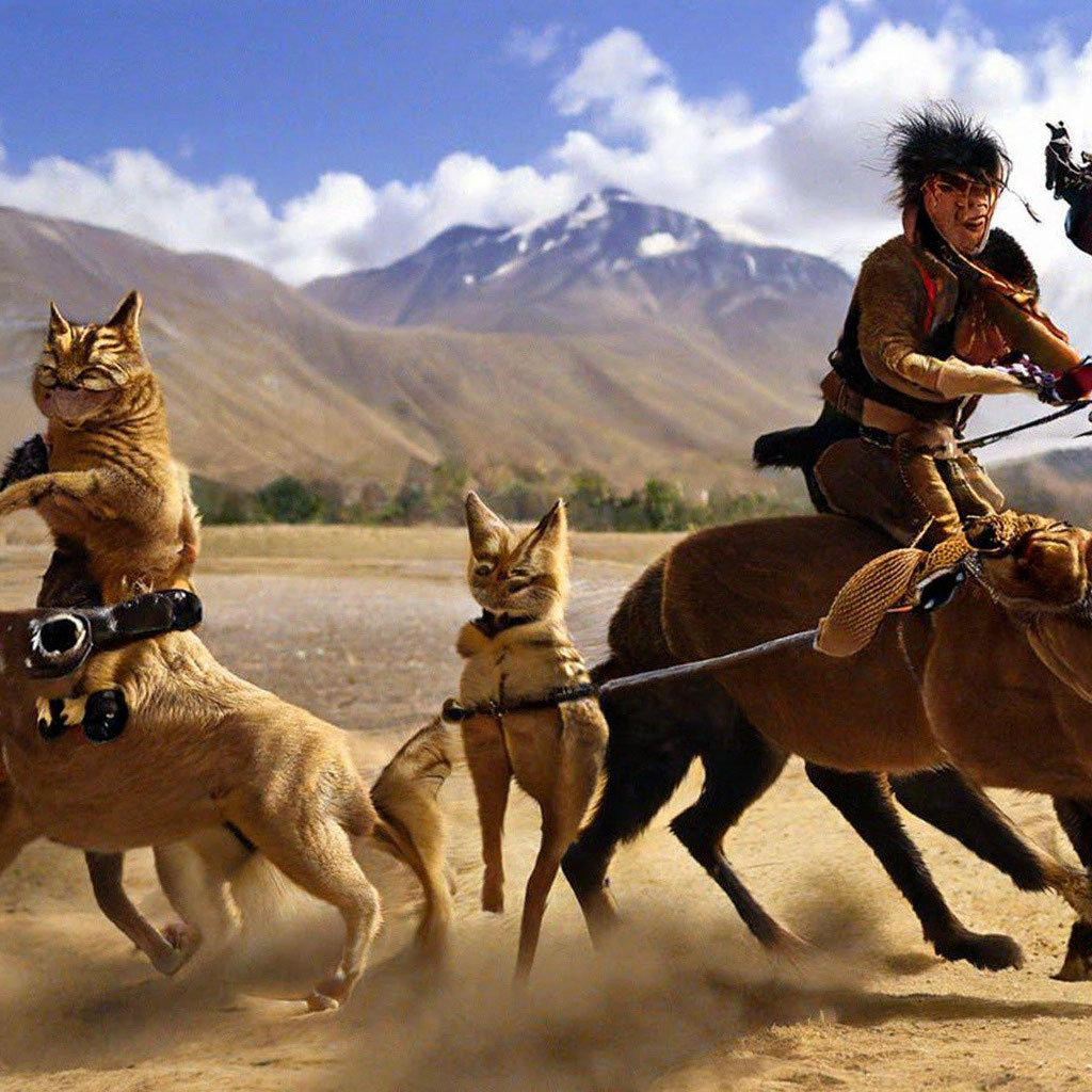 "Cats riding dogs attack Tien Shan" — image created in Shedevrum