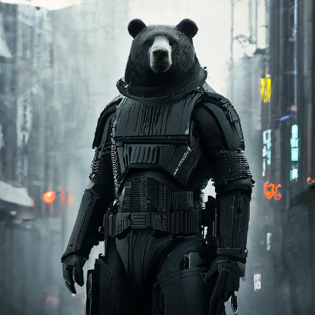 "Bear cyberpunk imperial stormtrooper" — image created in Shedevrum