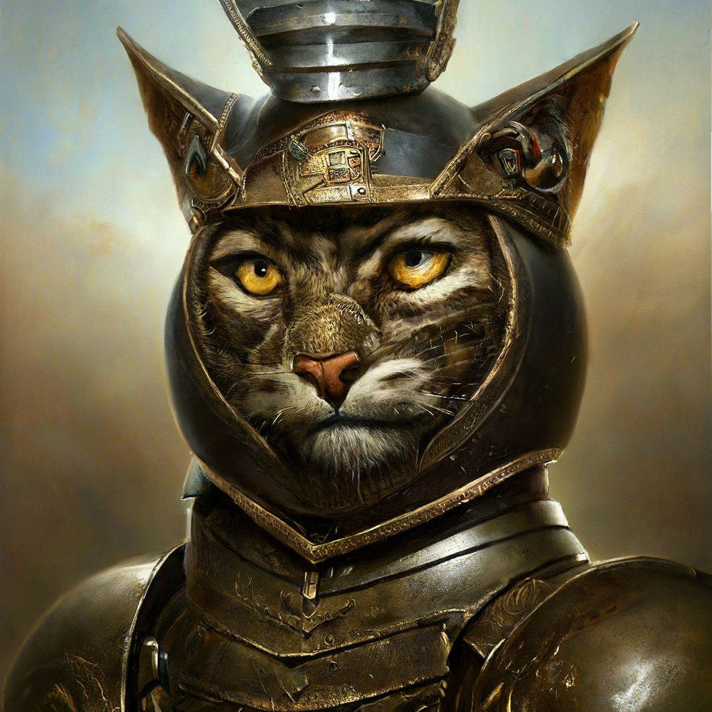 "A huge cat in armor" — image created in Shedevrum