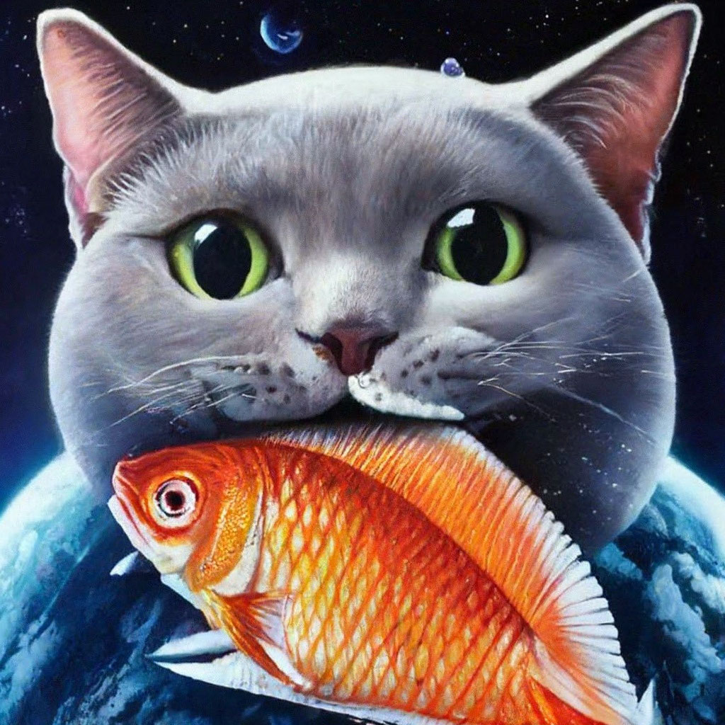"A cat in space eats a fish" — image created in Shedevrum