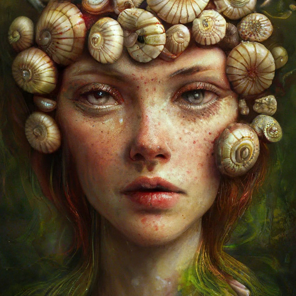 "Face covered with many small snails" — image created in Shedevrum