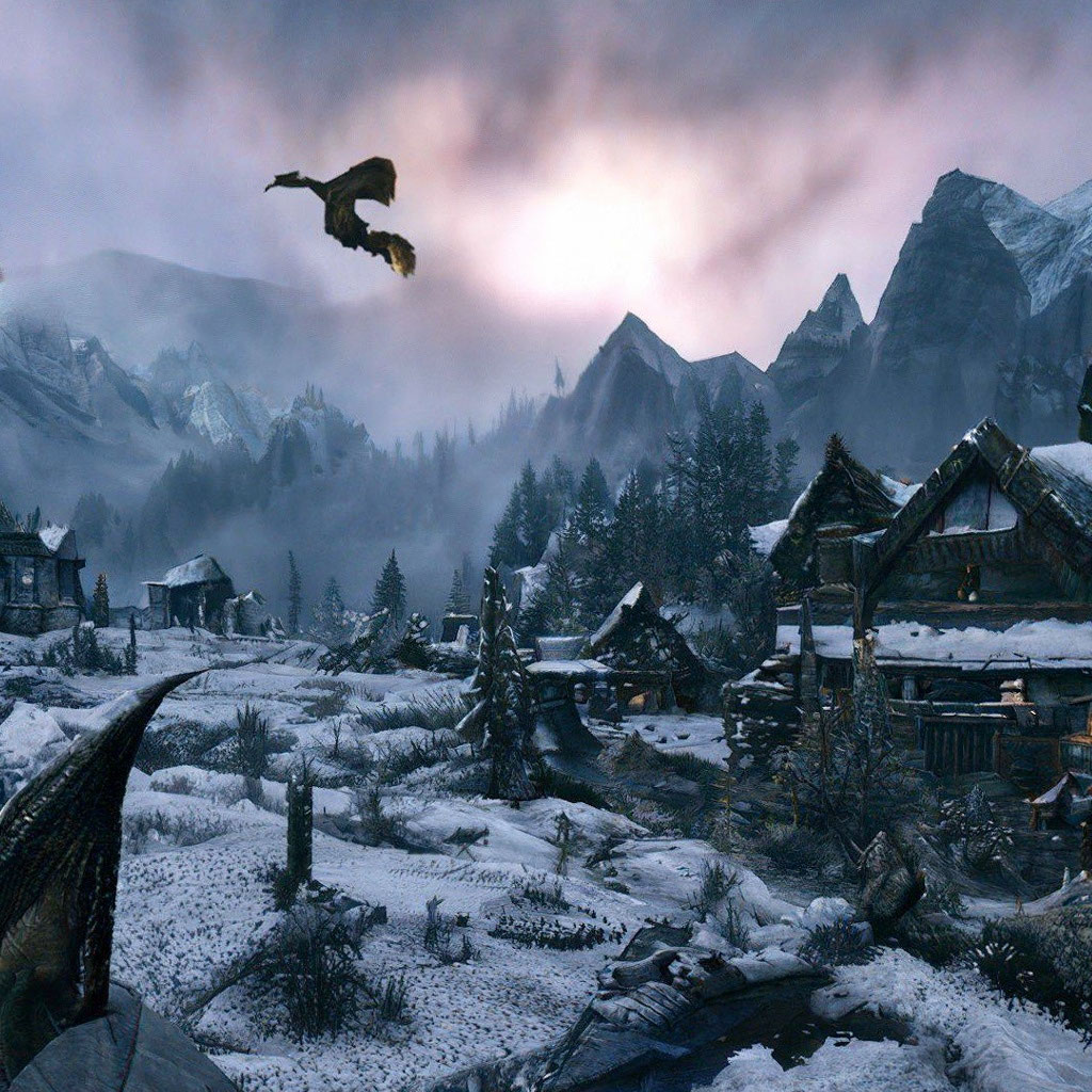 "A dragon flies over a Skyrim village in the snowy mountains. the ...
