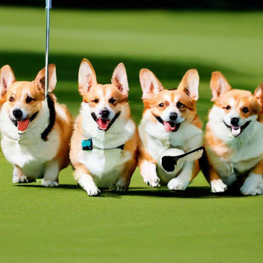 "5 corgis playing golf, super cute …" — image created in Shedevrum