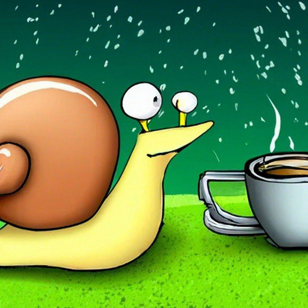 "Snail drinks his morning coffee, …" — image created in Shedevrum
