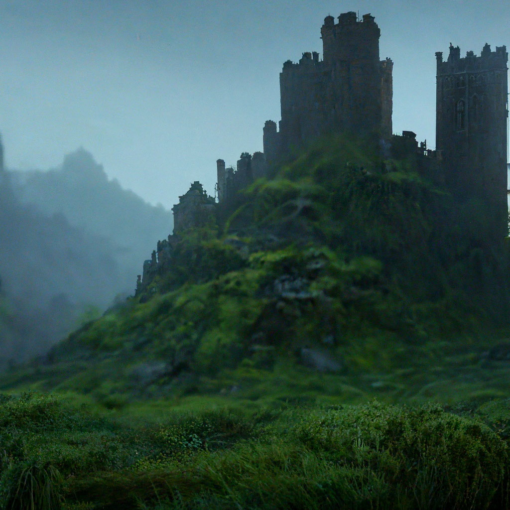 "Ruined castle , moss , twilight" — image created in Shedevrum