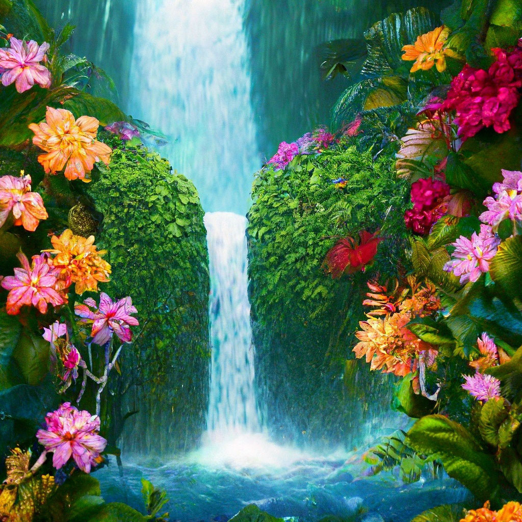 Tropical Flowers By Waterfalls
