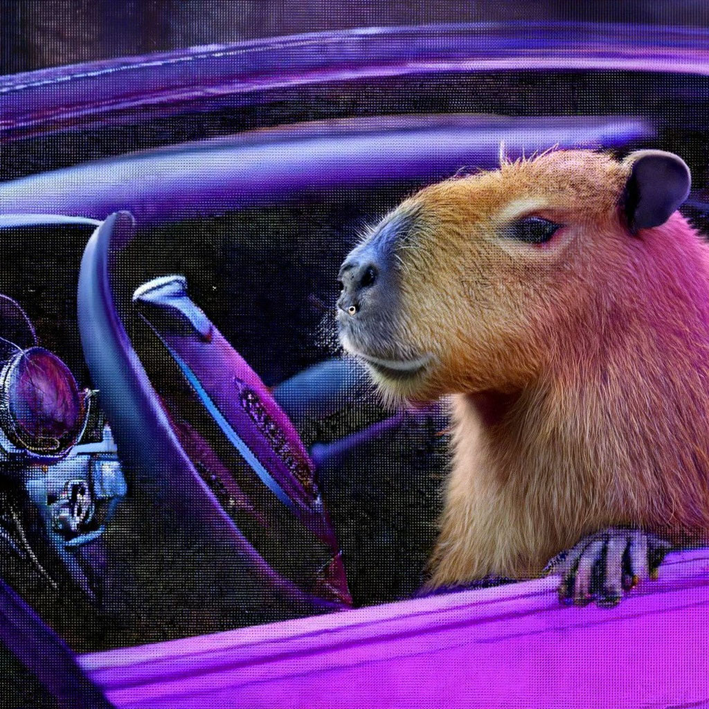 "A capybara sits behind the wheel of a car like in the movie drive, a ...