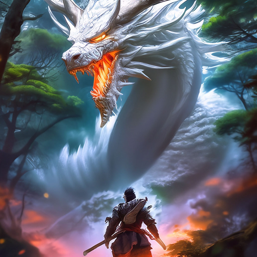 «A huge snow-white dragon with fiery…» — картинка создана в Шедевруме