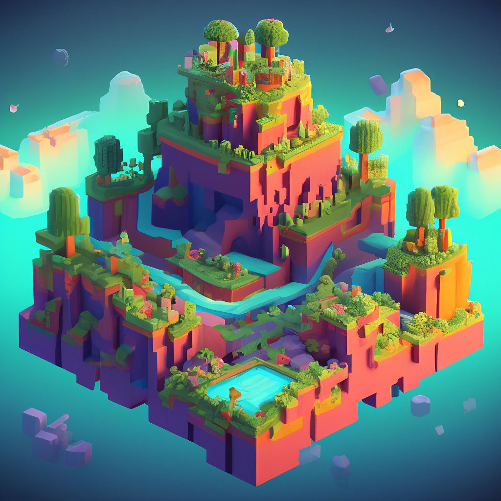 "Maze game layout, floating island, 3D…" — image created in Shedevrum
