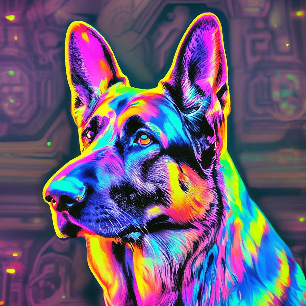 "German shepherd with neon colors" — image created in Shedevrum