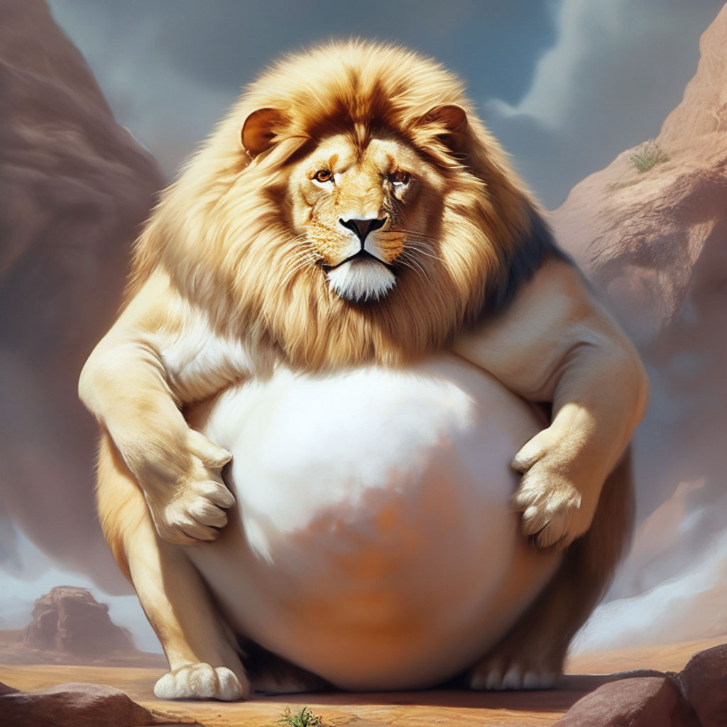 "A fat furry lion with a huge spherical belly, the spherical belly of a ...