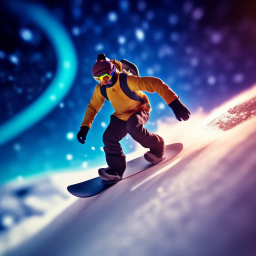 «Snowboarder on a snowboard, rolling down a mountain, valley, stars ...