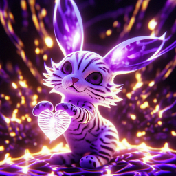 «A fractal striped purple fiery rabbit-cat holds a fractal diamond ...