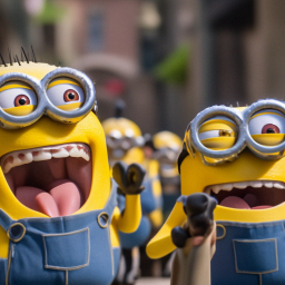 «10 Minions make faces, three show their tongue, two shout delight ...